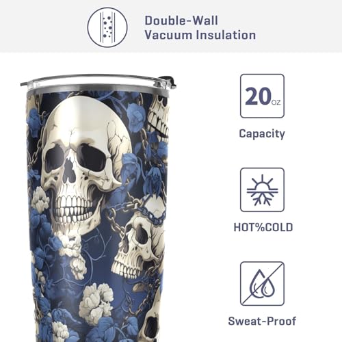 HXshaoye blue flowers skulls hippie Stainless Steel coffee cups with lids with Lid and Straw mug for hot drinks for coffee reusable 20oz coffee tumbler termos para gym 20oz