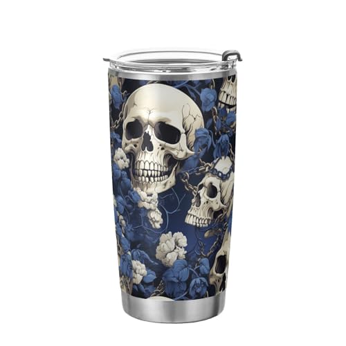 HXshaoye blue flowers skulls hippie Stainless Steel coffee cups with lids with Lid and Straw mug for hot drinks for coffee reusable 20oz coffee tumbler termos para gym 20oz