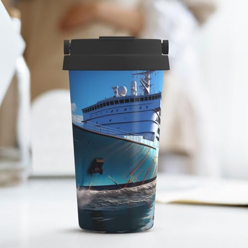 GTKSYNVE Reusable Coffee Mug with Lid and Handle, Ocean Ferry Boat Tumbler for Hot & Cold Drinks 16oz Stainless Steel Insulated Coffee Tumblers Double Wall Vacuum Thermal Cup