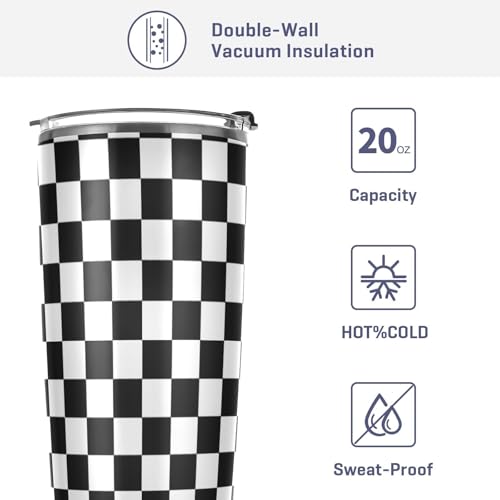 HXshaoye buffalo plaid check black white Stainless Steel thermal cups Leak-proof Lid and Straw coffee mug for men for hot and cold drinks cute flip straw tumbler vasos para agua gym 20oz