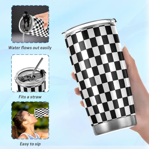 HXshaoye buffalo plaid check black white Stainless Steel thermal cups Leak-proof Lid and Straw coffee mug for men for hot and cold drinks cute flip straw tumbler vasos para agua gym 20oz
