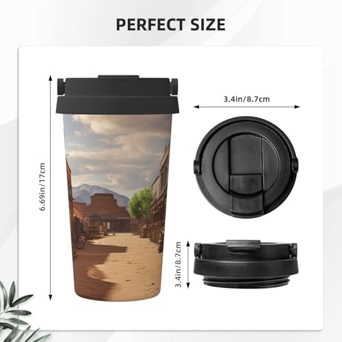 GTKSYNVE Reusable Coffee Mug with Lid and Handle, Old Wild West Cowboy Town Tumbler for Hot & Cold Drinks 16oz Stainless Steel Insulated Coffee Tumblers Double Wall Vacuum Thermal Cup