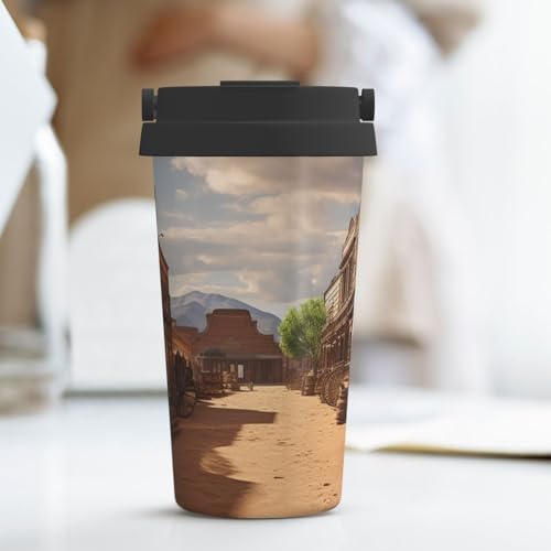 GTKSYNVE Reusable Coffee Mug with Lid and Handle, Old Wild West Cowboy Town Tumbler for Hot & Cold Drinks 16oz Stainless Steel Insulated Coffee Tumblers Double Wall Vacuum Thermal Cup