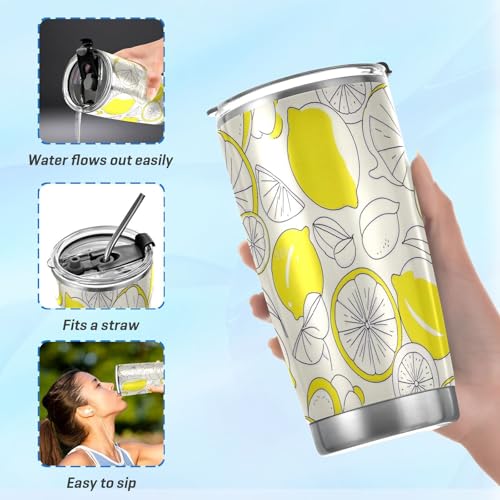 HXshaoye Sketch lemon yellow summer Stainless Steel reusable coffee cups with lids with Straw Leak Resistant Flip leak proof coffee travel mug for café cute cup 20 oz vaso para cafe 20oz