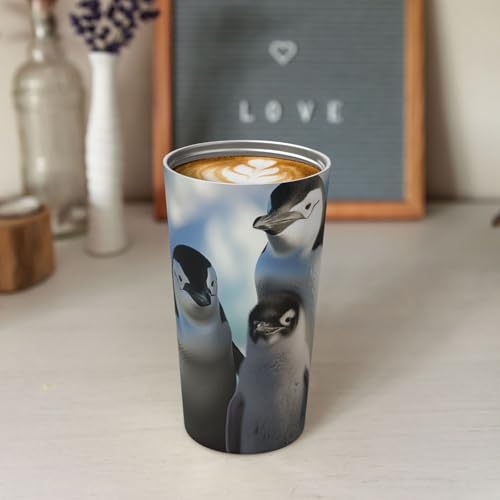 Reusable Coffee Mug with Lid and Handle, Penguin Parents and Chicks Antarctica Large Tumbler for Hot & Cold Drinks 16oz Stainless Steel Insulated Coffee Tumblers Double Wall Vacuum Thermal Cup