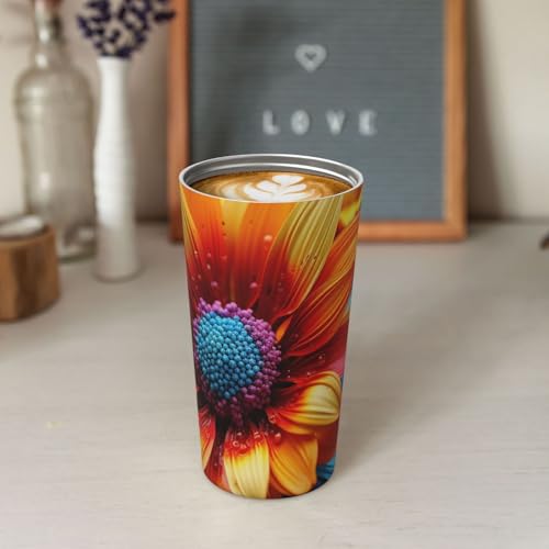 GTKSYNVE Reusable Coffee Mug with Lid and Handle, Colorful Sunflower Tumbler for Hot & Cold Drinks 16oz Stainless Steel Insulated Coffee Tumblers Double Wall Vacuum Thermal Cup