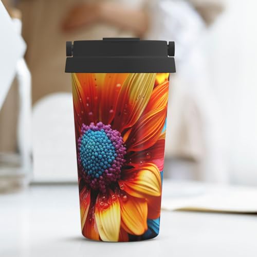 GTKSYNVE Reusable Coffee Mug with Lid and Handle, Colorful Sunflower Tumbler for Hot & Cold Drinks 16oz Stainless Steel Insulated Coffee Tumblers Double Wall Vacuum Thermal Cup