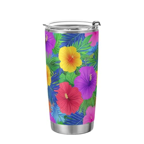 HXshaoye Hawaiian style tropical flowers palm leaves bright neon colors Stainless Steel water bottle with straw with Straw Lid travel coffee mug with lid for camping portable mug 20 oz vaso térmico
