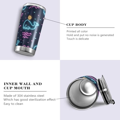 HXshaoye Summer neon Whale wave black Stainless Steel coffee cups with lids with Straw Lid travel mug with lid for Water, Iced Tea or Coffee Aesthetic 20oz coffee mug vaso para agua 20oz