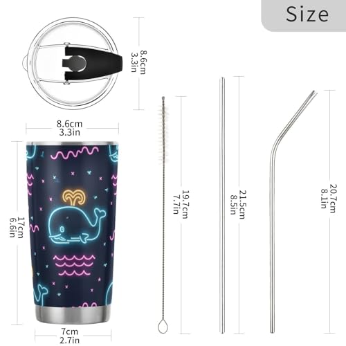 HXshaoye Summer neon Whale wave black Stainless Steel coffee cups with lids with Straw Lid travel mug with lid for Water, Iced Tea or Coffee Aesthetic 20oz coffee mug vaso para agua 20oz