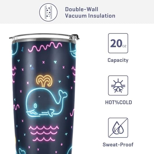 HXshaoye Summer neon Whale wave black Stainless Steel coffee cups with lids with Straw Lid travel mug with lid for Water, Iced Tea or Coffee Aesthetic 20oz coffee mug vaso para agua 20oz