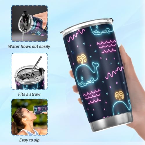 HXshaoye Summer neon Whale wave black Stainless Steel coffee cups with lids with Straw Lid travel mug with lid for Water, Iced Tea or Coffee Aesthetic 20oz coffee mug vaso para agua 20oz