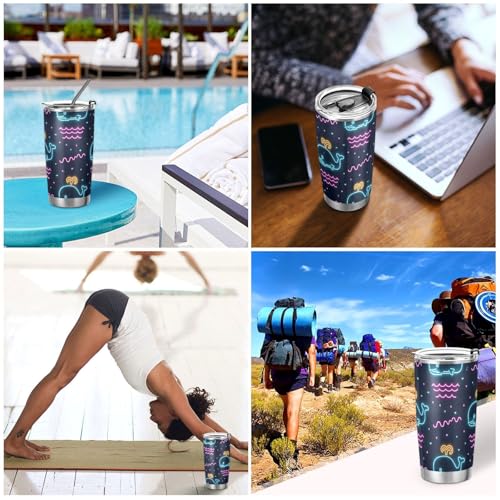 HXshaoye Summer neon Whale wave black Stainless Steel coffee cups with lids with Straw Lid travel mug with lid for Water, Iced Tea or Coffee Aesthetic 20oz coffee mug vaso para agua 20oz