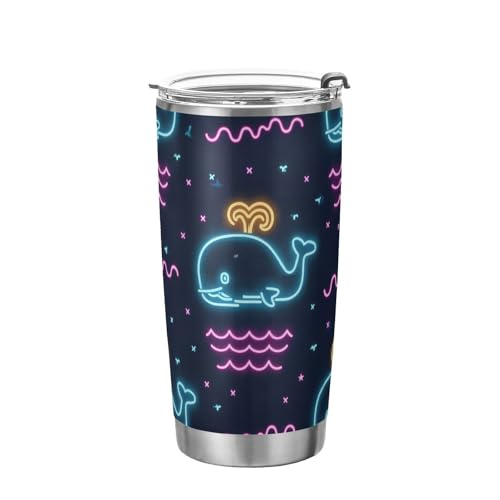 HXshaoye Summer neon Whale wave black Stainless Steel coffee cups with lids with Straw Lid travel mug with lid for Water, Iced Tea or Coffee Aesthetic 20oz coffee mug vaso para agua 20oz