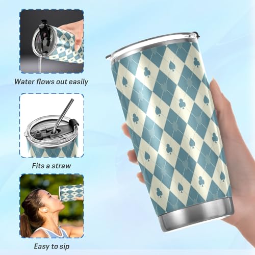HXshaoye blue beige poker Stainless Steel reusable coffee cups with lids with Straw Lid coffee mug with lid for Home, Office or Car modern mug 20 oz vaso térmico para cafe 20oz