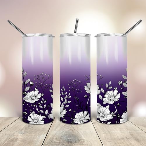 Purple White Flowers Skinny Tumbler, Flower Stainless Steel Cup Floral Tumbler Cup Travel Coffee Mug for Daily Holiday Decor Gift (20 oz)