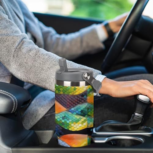 BWQJKUO Large Capacity Car Cup 30 Oz Stainless Steel Rainbow Fish Scale Printed Travel Mug Leak-proof Flip Straw Tumbler with Handle,keeps Cold Or Ho