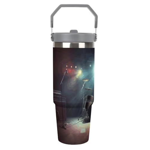 BWQJKUO Large Capacity Car Cup 30 Oz Stainless Steel Rock Band Stage Printed Travel Mug Leak-proof Flip Straw Tumbler with Handle,keeps Cold Or Ho