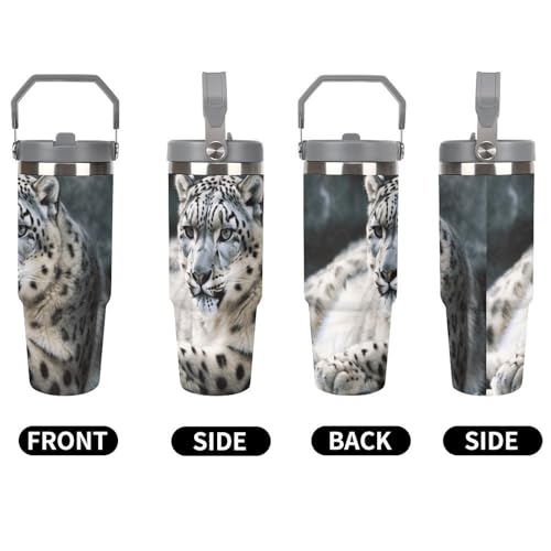 BWQJKUO Large Capacity Car Cup 30 Oz Stainless Steel Snow Leopard Printed Travel Mug Leak-proof Flip Straw Tumbler with Handle,keeps Cold Or Ho