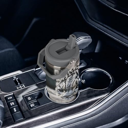 BWQJKUO Large Capacity Car Cup 30 Oz Stainless Steel Snow Leopard Printed Travel Mug Leak-proof Flip Straw Tumbler with Handle,keeps Cold Or Ho