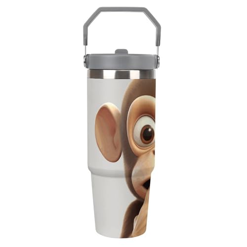 BWQJKUO Large Capacity Car Cup 30 Oz Stainless Steel The Silent Monkey Printed Travel Mug Leak-proof Flip Straw Tumbler with Handle,keeps Cold Or Ho