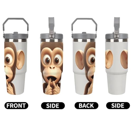 BWQJKUO Large Capacity Car Cup 30 Oz Stainless Steel The Silent Monkey Printed Travel Mug Leak-proof Flip Straw Tumbler with Handle,keeps Cold Or Ho