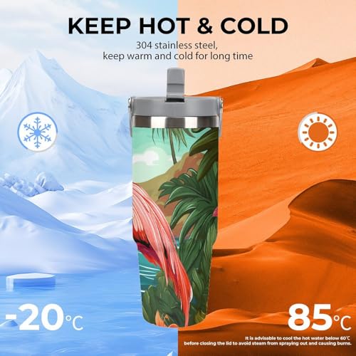 BWQJKUO Large Capacity Car Cup 30 Oz Stainless Steel Tropical Flamingo Printed Travel Mug Leak-proof Flip Straw Tumbler with Handle,keeps Cold Or Ho