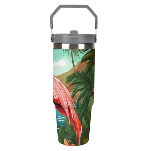 BWQJKUO Large Capacity Car Cup 30 Oz Stainless Steel Tropical Flamingo Printed Travel Mug Leak-proof Flip Straw Tumbler with Handle,keeps Cold Or Ho