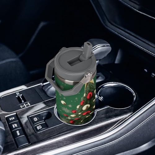 BWQJKUO Large Capacity Car Cup 30 Oz Stainless Steel Round Ball Christmas Tree Printed Travel Mug Leak-proof Flip Straw Tumbler with Handle,keeps Cold Or Ho