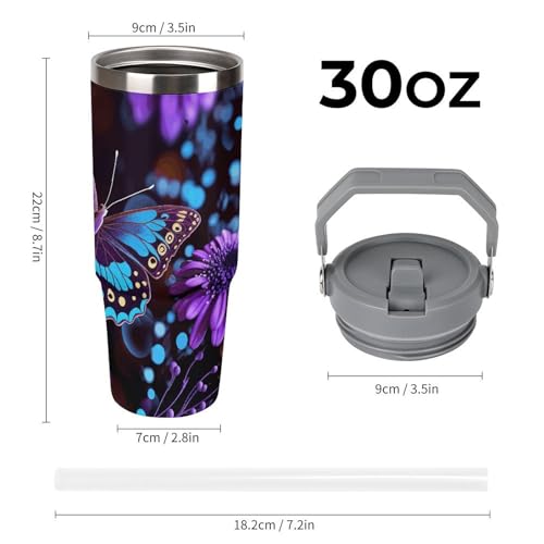 BWQJKUO Large Capacity Car Cup 30 Oz Stainless Steel Purple Butterfly And Flowers Printed Travel Mug Leak-proof Flip Straw Tumbler with Handle,keeps Cold Or Ho