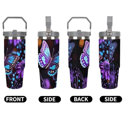 BWQJKUO Large Capacity Car Cup 30 Oz Stainless Steel Purple Butterfly And Flowers Printed Travel Mug Leak-proof Flip Straw Tumbler with Handle,keeps Cold Or Ho