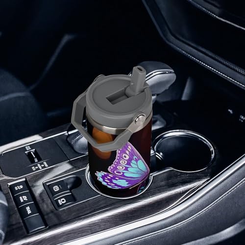 BWQJKUO Large Capacity Car Cup 30 Oz Stainless Steel Purple Butterfly And Flowers Printed Travel Mug Leak-proof Flip Straw Tumbler with Handle,keeps Cold Or Ho