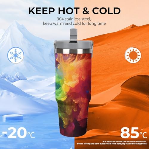 BWQJKUO Large Capacity Car Cup 30 Oz Stainless Steel Rainbow Smoke Printed Travel Mug Leak-proof Flip Straw Tumbler with Handle,keeps Cold Or Ho