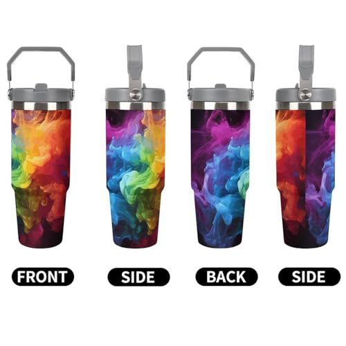 BWQJKUO Large Capacity Car Cup 30 Oz Stainless Steel Rainbow Smoke Printed Travel Mug Leak-proof Flip Straw Tumbler with Handle,keeps Cold Or Ho