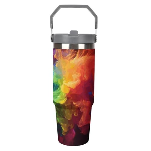 BWQJKUO Large Capacity Car Cup 30 Oz Stainless Steel Rainbow Smoke Printed Travel Mug Leak-proof Flip Straw Tumbler with Handle,keeps Cold Or Ho