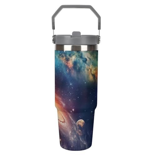 BWQJKUO Large Capacity Car Cup 30 Oz Stainless Steel Universe Galaxy Outer Space Printed Travel Mug Leak-proof Flip Straw Tumbler with Handle,keeps Cold Or Ho