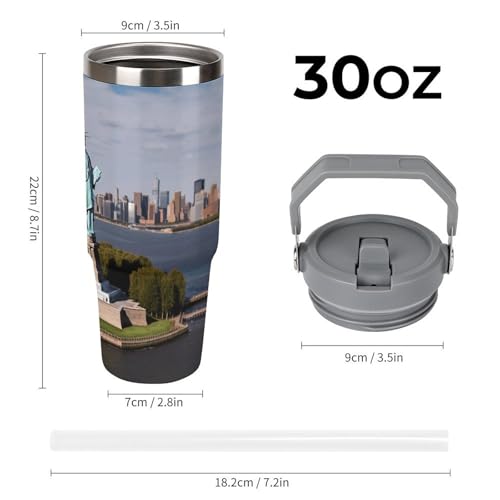 BWQJKUO Large Capacity Car Cup 30 Oz Stainless Steel Statue of Liberty in NYC Printed Travel Mug Leak-proof Flip Straw Tumbler with Handle,keeps Cold Or Ho