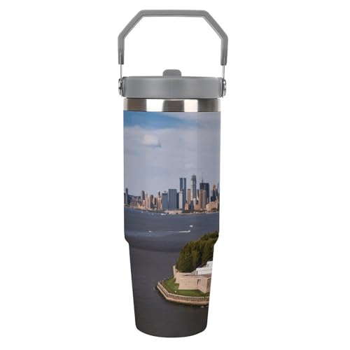 BWQJKUO Large Capacity Car Cup 30 Oz Stainless Steel Statue of Liberty in NYC Printed Travel Mug Leak-proof Flip Straw Tumbler with Handle,keeps Cold Or Ho