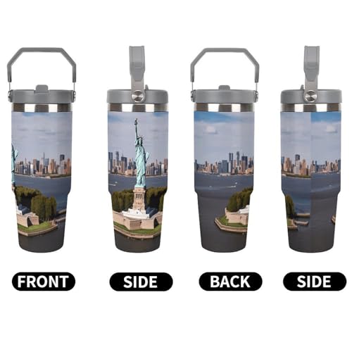 BWQJKUO Large Capacity Car Cup 30 Oz Stainless Steel Statue of Liberty in NYC Printed Travel Mug Leak-proof Flip Straw Tumbler with Handle,keeps Cold Or Ho