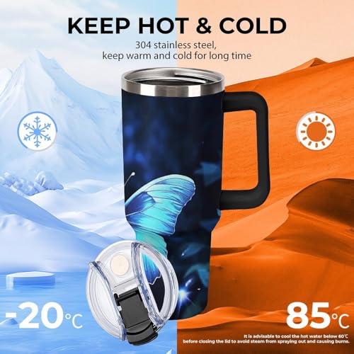 Blue Butterfly Insulated Stainless Steel Travel Mug, 40 Oz Tumbler with Handle And Straw Double-Wall Vacuum Coffee Cup, Leak-Proof Lid, Keeps Drinks Hot/Cold for Hours