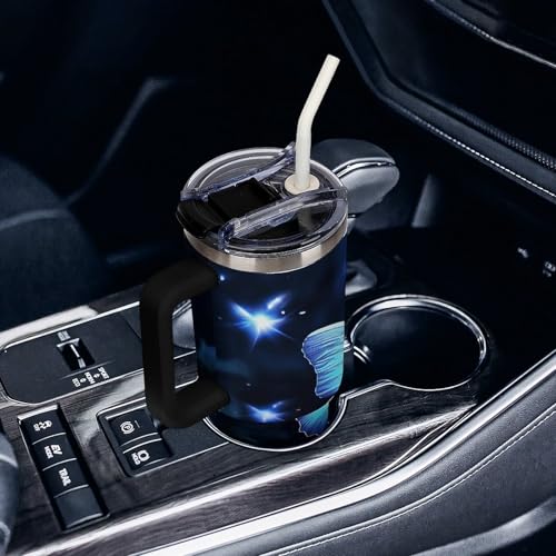 Blue Butterfly Insulated Stainless Steel Travel Mug, 40 Oz Tumbler with Handle And Straw Double-Wall Vacuum Coffee Cup, Leak-Proof Lid, Keeps Drinks Hot/Cold for Hours