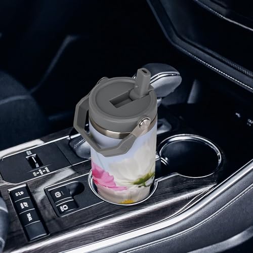 BWQJKUO Large Capacity Car Cup 30 Oz Stainless Steel Pink And White Flowers Printed Travel Mug Leak-proof Flip Straw Tumbler with Handle,keeps Cold Or Ho
