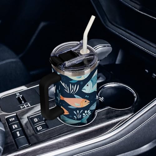 LPSADGF Fishes Pattern Insulated Stainless Steel Travel Mug, 40 Oz Tumbler with Handle And Straw Double-Wall Vacuum Coffee Cup, Leak-Proof Lid, Keeps Drinks Hot/Cold for Hours