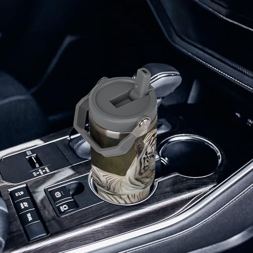 BWQJKUO Large Capacity Car Cup 30 Oz Stainless Steel White Tigers Printed Travel Mug Leak-proof Flip Straw Tumbler with Handle,keeps Cold Or Ho