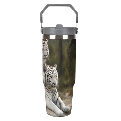 BWQJKUO Large Capacity Car Cup 30 Oz Stainless Steel White Tigers Printed Travel Mug Leak-proof Flip Straw Tumbler with Handle,keeps Cold Or Ho