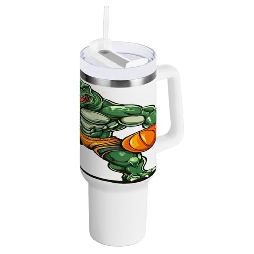 Jihqo Dinosaur Playing Basketball 40 oz Stainless Steel Vacuum Insulated Tumbler with Handle and Straw Lid Reusable Leakproof Water Bottle Double Wall Travel Mug Coffee Cup, Cupholder Friendly