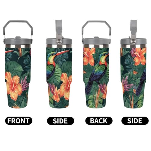 BWQJKUO Large Capacity Car Cup 30 Oz Stainless Steel Tropical Plant Bird Flowers Printed Travel Mug Leak-proof Flip Straw Tumbler with Handle,keeps Cold Or Ho