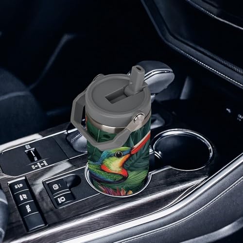 BWQJKUO Large Capacity Car Cup 30 Oz Stainless Steel Tropical Plant Bird Flowers Printed Travel Mug Leak-proof Flip Straw Tumbler with Handle,keeps Cold Or Ho