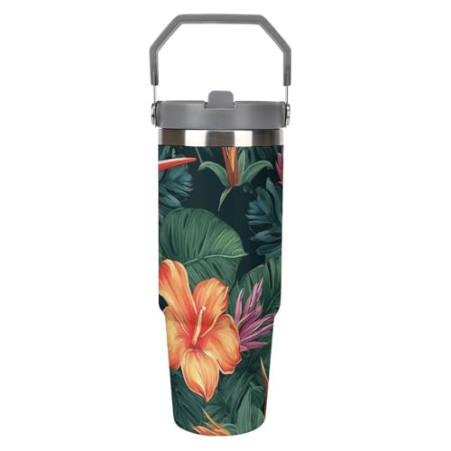 BWQJKUO Large Capacity Car Cup 30 Oz Stainless Steel Tropical Plant Bird Flowers Printed Travel Mug Leak-proof Flip Straw Tumbler with Handle,keeps Cold Or Ho