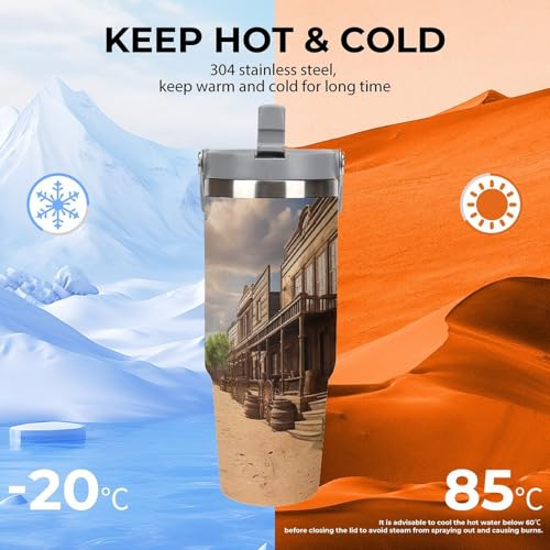 BWQJKUO Large Capacity Car Cup 30 Oz Stainless Steel Old Wild West Cowboy Town Printed Travel Mug Leak-proof Flip Straw Tumbler with Handle,keeps Cold Or Ho